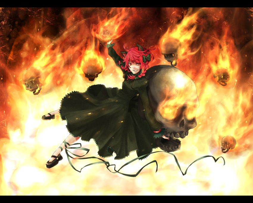 Safebooru - fire flames highres kaenbyou rin neota ribbon ribbons skull ...