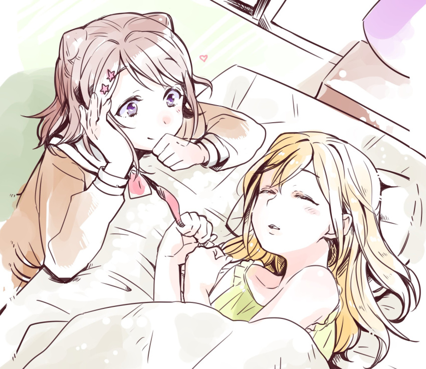Safebooru - 2girls bang dream! bed bed sheet blonde hair brown hair closed eyes hair ornament ...
