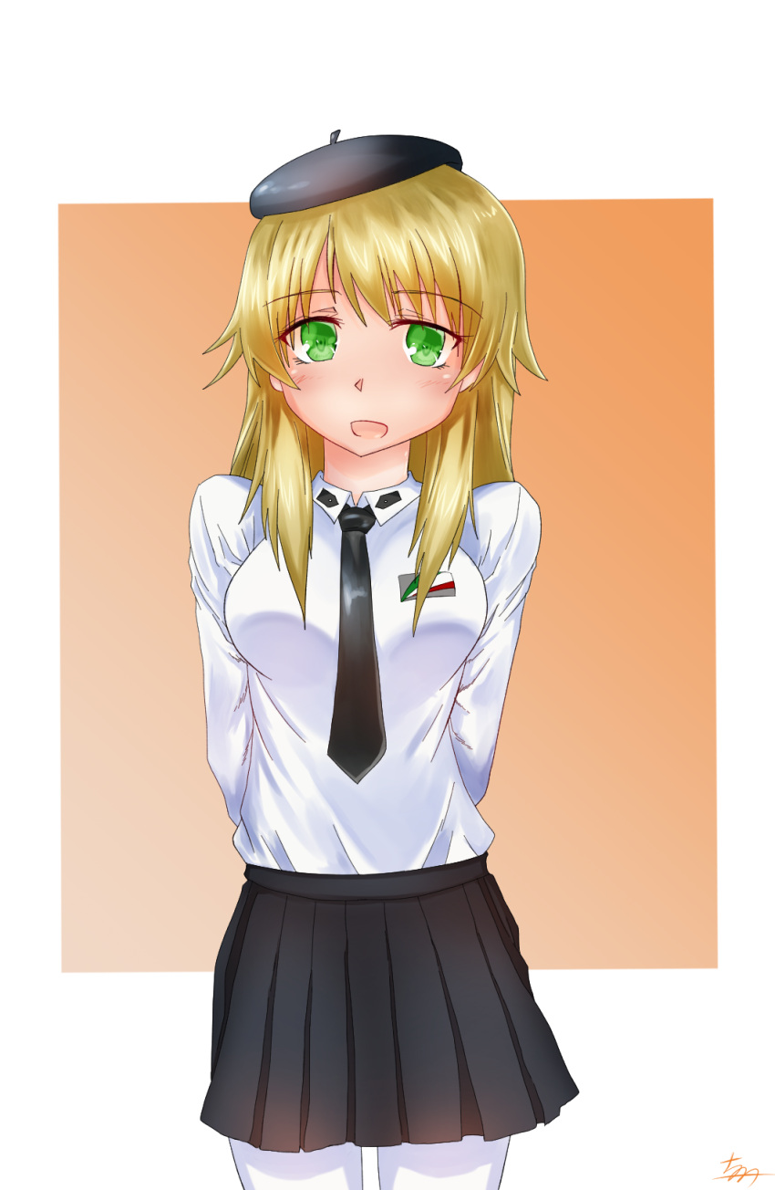 Safebooru - 1girl anzio school uniform arms behind back beret black skirt blonde hair blush ...