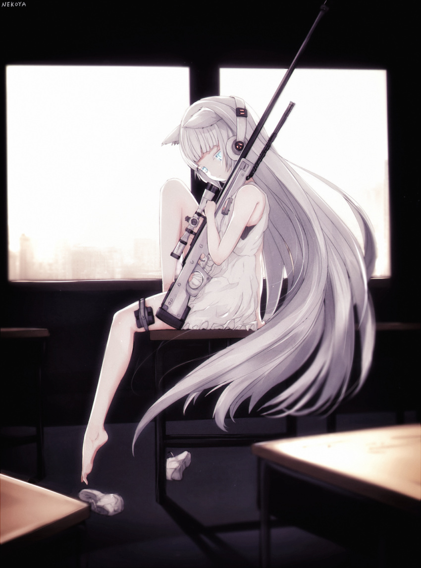 Safebooru - 1girl ai arctic warfare animal ears artist name bangs barefoot bolt action classroom ...