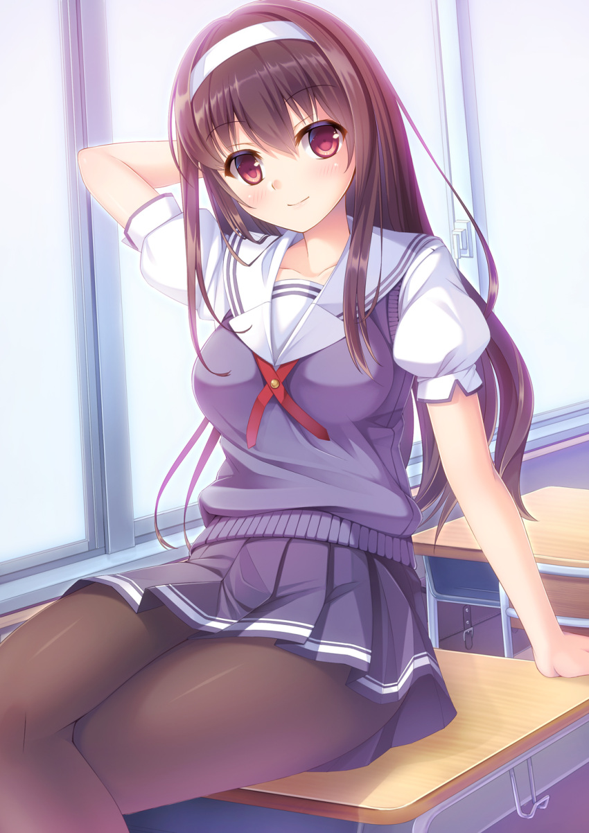 Safebooru - 1girl black legwear black skirt blush breasts brown hair chair collarbone desk ...