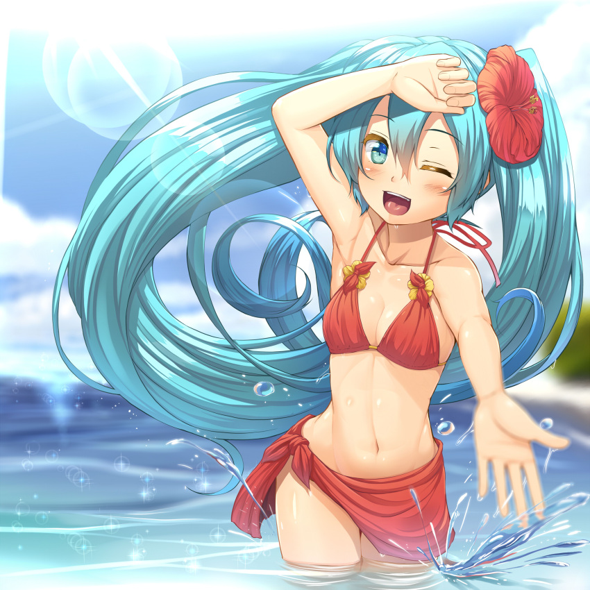 Safebooru - 1girl :d aqua eyes aqua hair arm up bikini bikini skirt cowboy shot flower hair ...