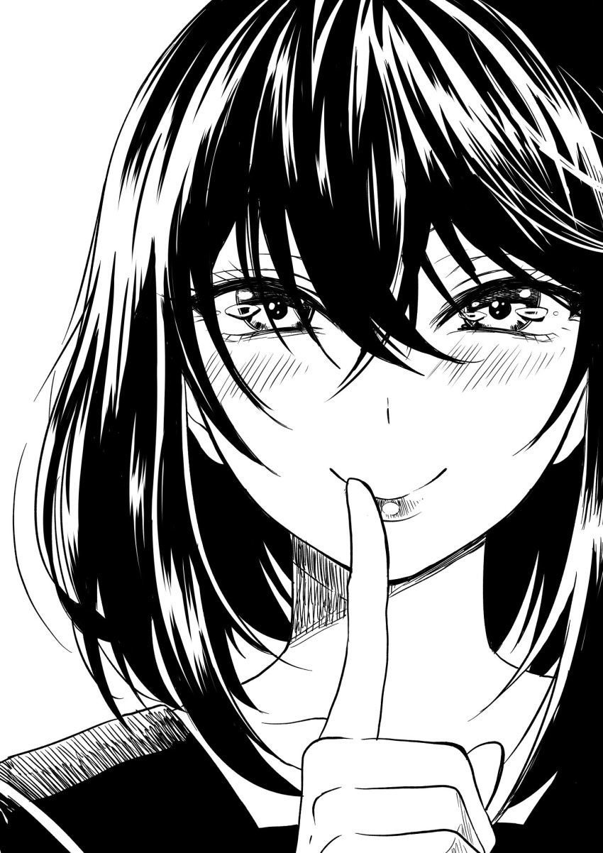 Safebooru - 1girl bangs blush close-up closed mouth commentary request finger to mouth hair ...