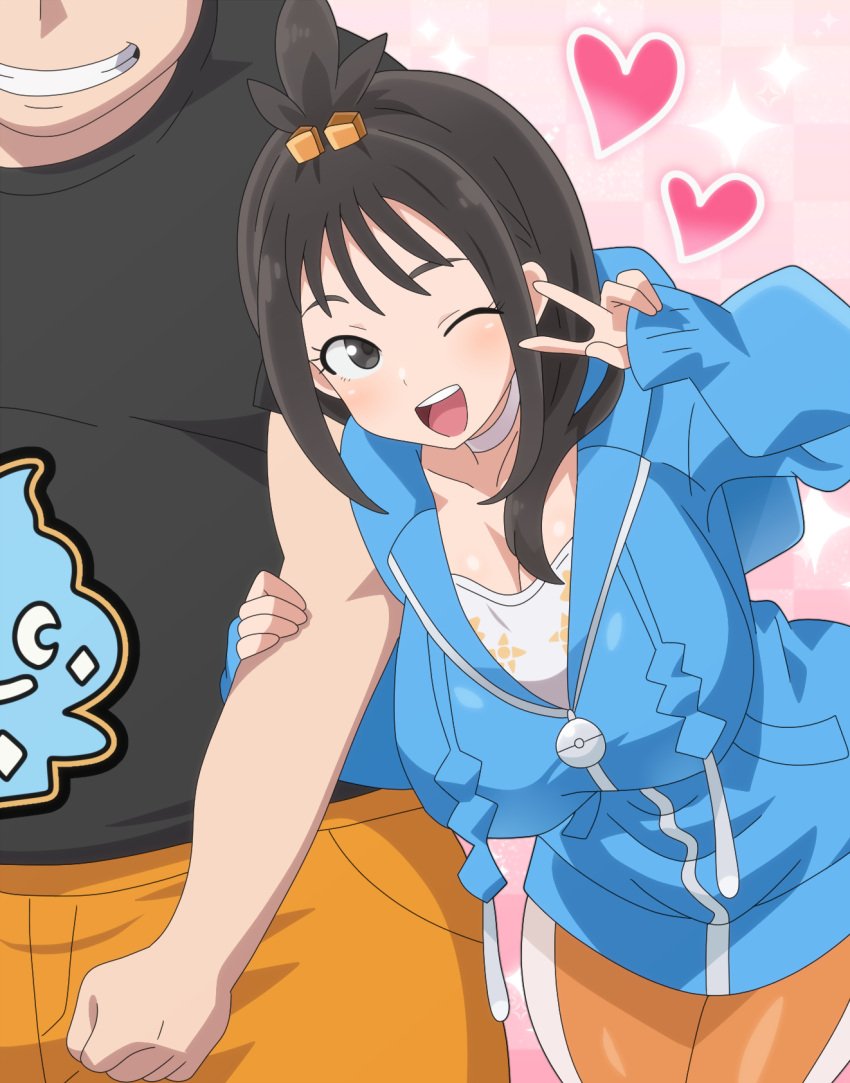 Safebooru - 1boy 1girl black hair blue hoodie blush breasts grey eyes hair ornament highres ...