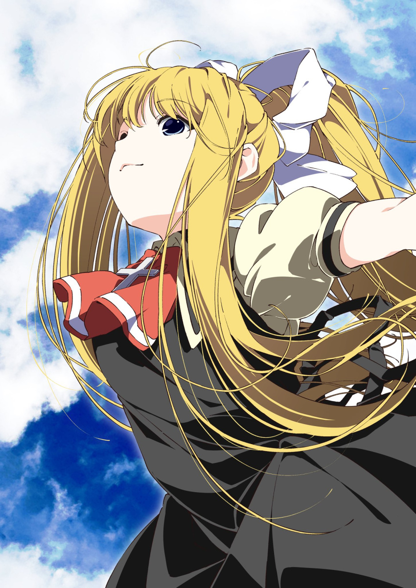 Safebooru - 1girl air (visual novel) ascot black dress blonde hair blue eyes blue sky closed ...