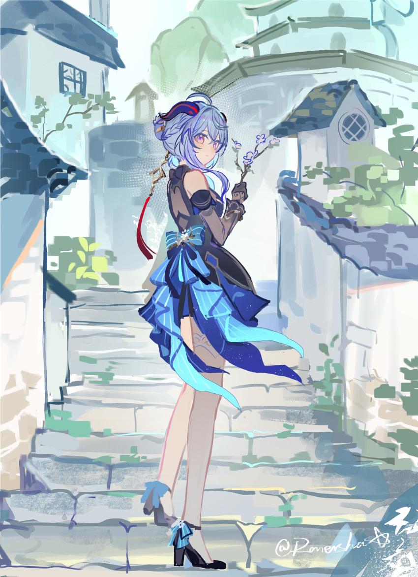 Safebooru - 1girl absurdres ahoge bare shoulders black dress black gloves black shoes blue dress ...