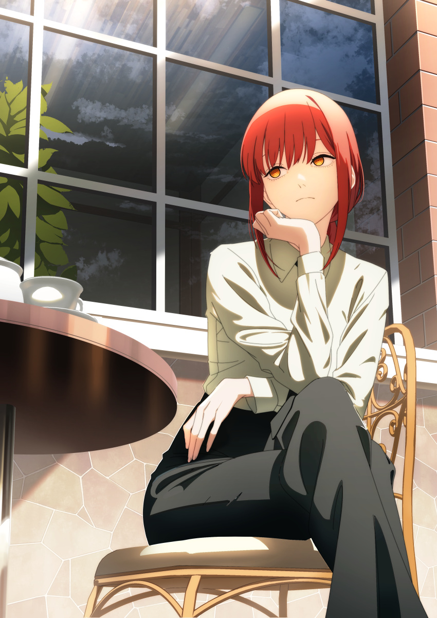 Safebooru - 1girl absurdres black pants chainsaw man chair closed mouth ...