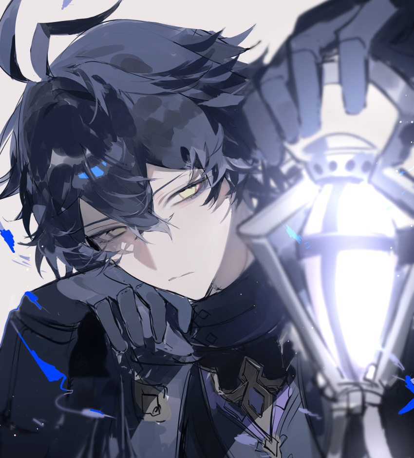 Safebooru - 1boy ahoge antenna hair arm up black coat black gloves ...