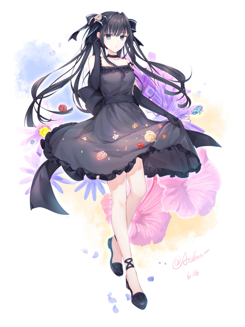 Safebooru - 1girl :o absurdres anllouser arcaea artist name back bow black dress black gloves ...