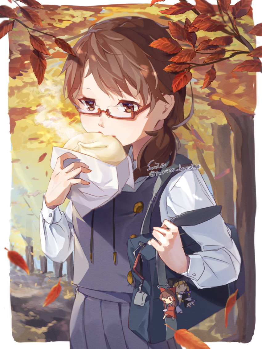 Safebooru - 1girl autumn autumn leaves bag charm border briefcase brown eyes brown hair buttons ...