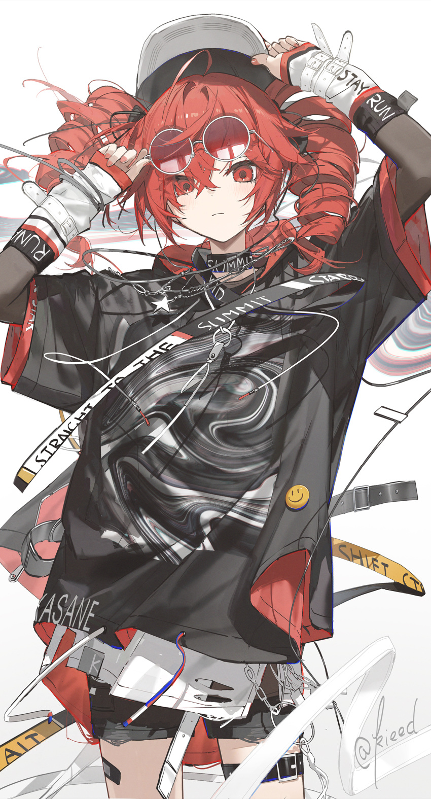 Safebooru - 1girl absurdres adjusting eyewear adjusting hair alternate costume arm warmers arms ...