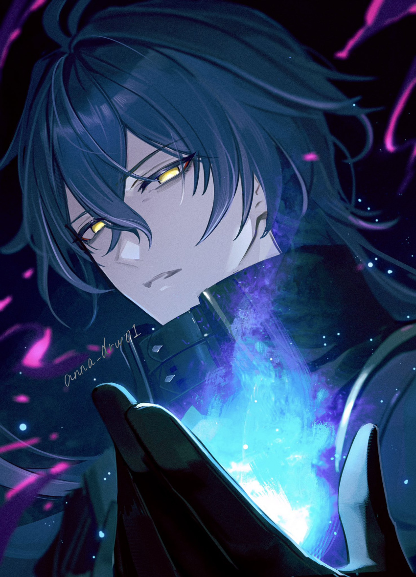 Safebooru - 1boy ahoge anna (drw01) black coat black hair closed mouth coat collared coat flins ...