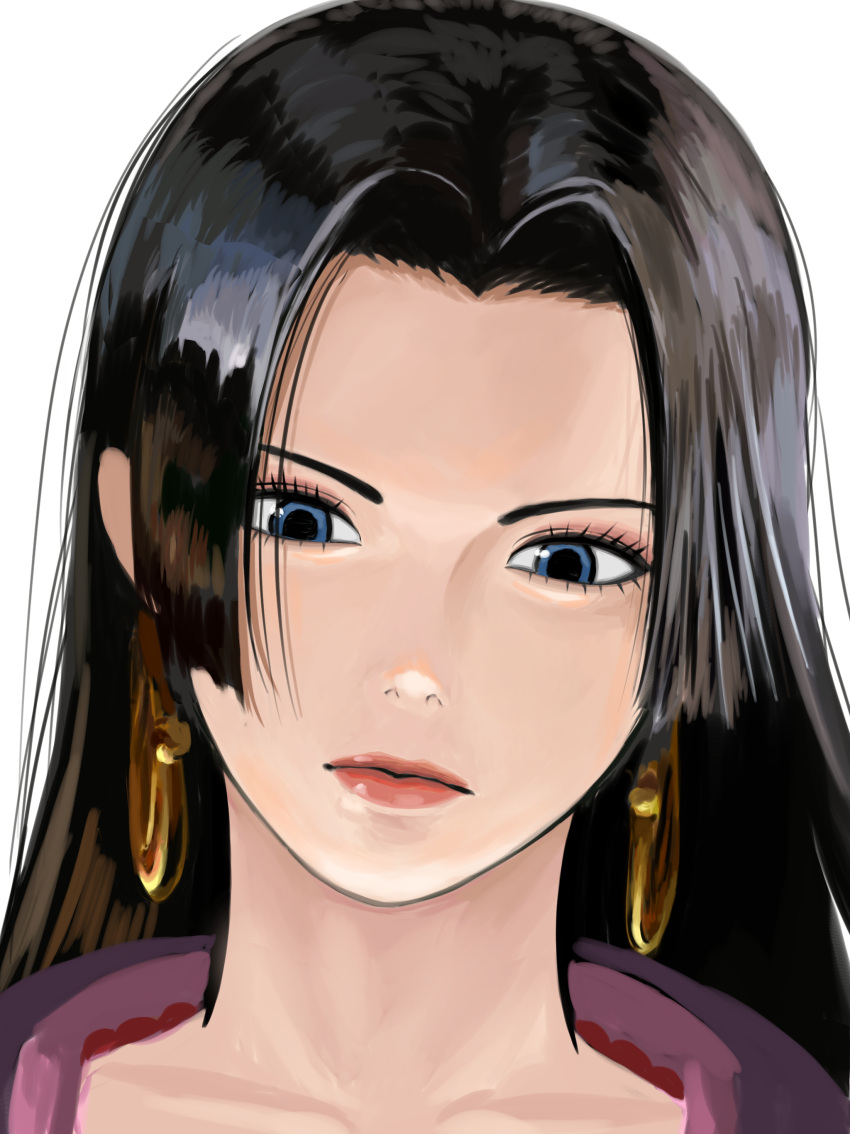Safebooru - 1girl absurdres bangs black hair blue eyes boa hancock earrings frown head tilt ...