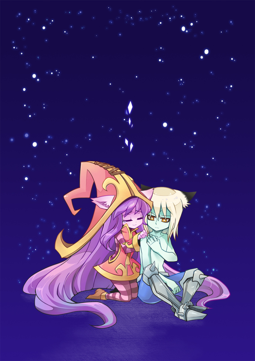 Safebooru - 1boy 1girl animal ears armor armored boots blonde hair blue skin boots closed eyes ...