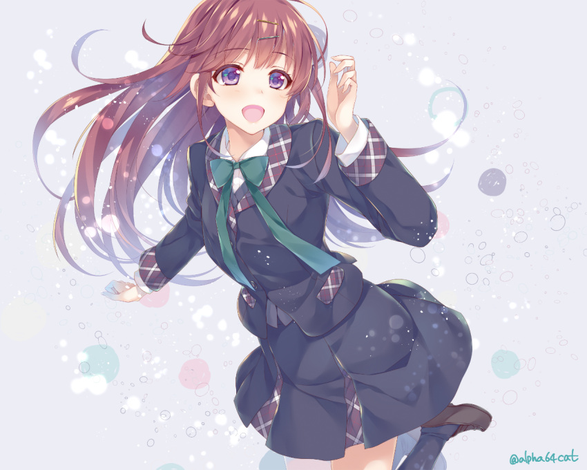 Safebooru - 1girl :d alpha (yukai na nakamatachi) black jacket black legwear black skirt bow ...