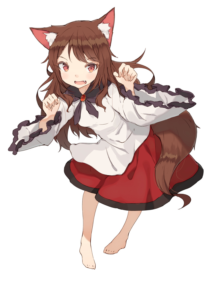 Safebooru - 1girl :d animal ears barefoot blush brooch brown hair dress fang full body highres ...