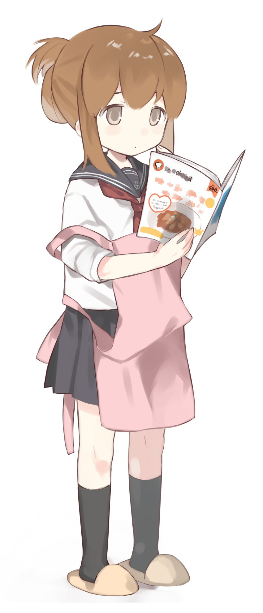 Safebooru - 1girl absurdres ahoge anchor symbol apron bangs black legwear book brown hair folded ...