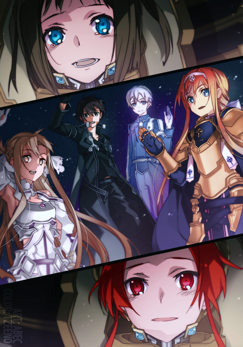 Safebooru - 2boys 4girls :d abec alice schuberg arm up armor armored dress asuna (sao) black ...