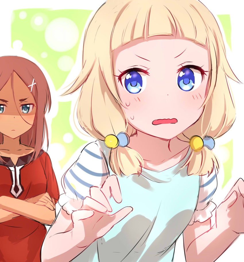 Safebooru - 2girls ahagon umiko aqua shirt bangs blonde hair blue eyes ...