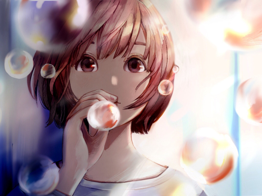 Safebooru 1girl Bangs Brown Eyes Brown Hair Bubble Close Up Hand To 3577