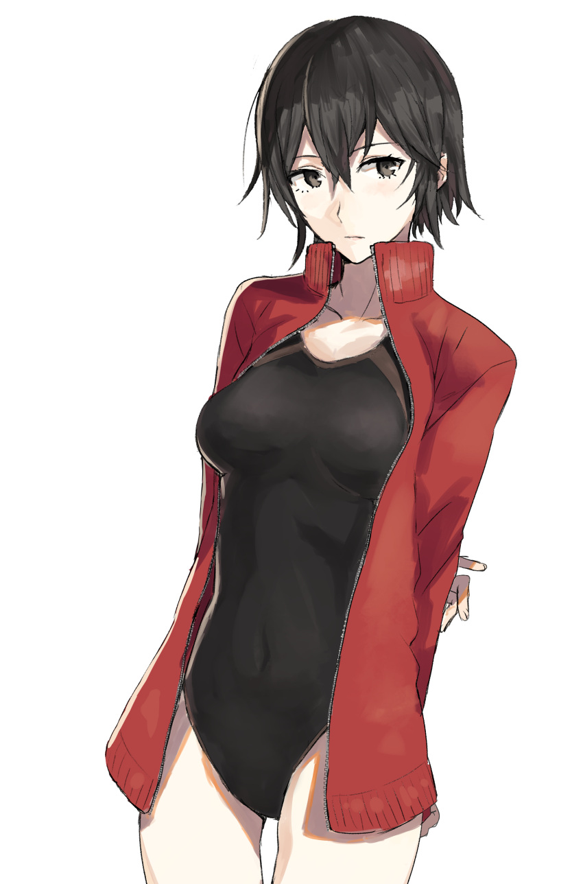 Safebooru - 1girl absurdres arms behind back black eyes black hair breasts competition swimsuit ...