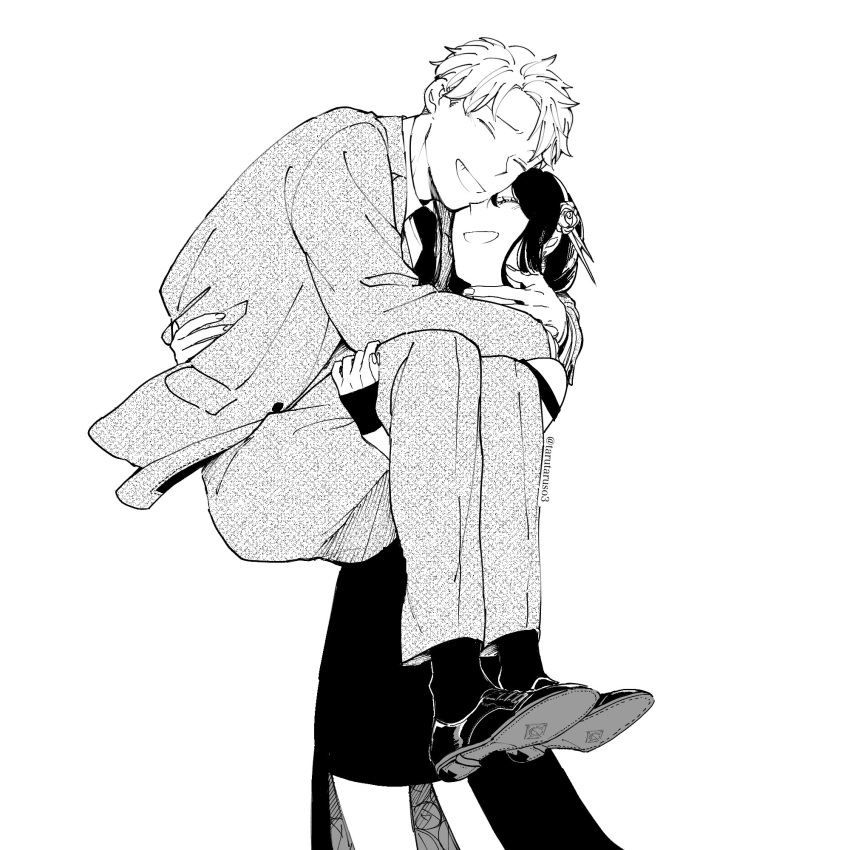 Safebooru - 1boy 1girl carrying closed eyes dress formal greyscale hairband happy highres ...