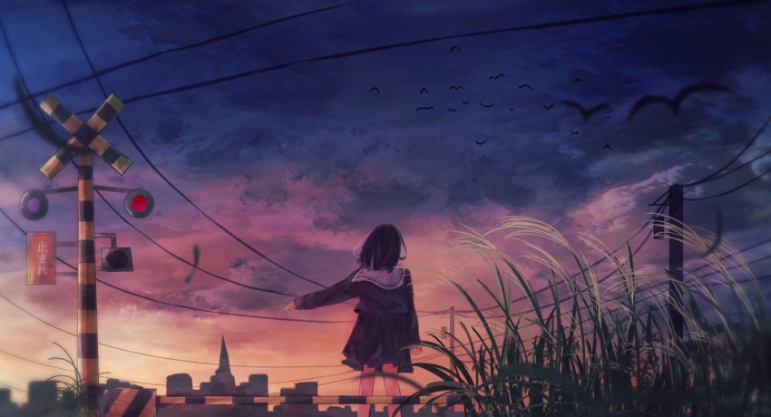 Safebooru - 1girl amenomori howa bird black hair cityscape commentary ...