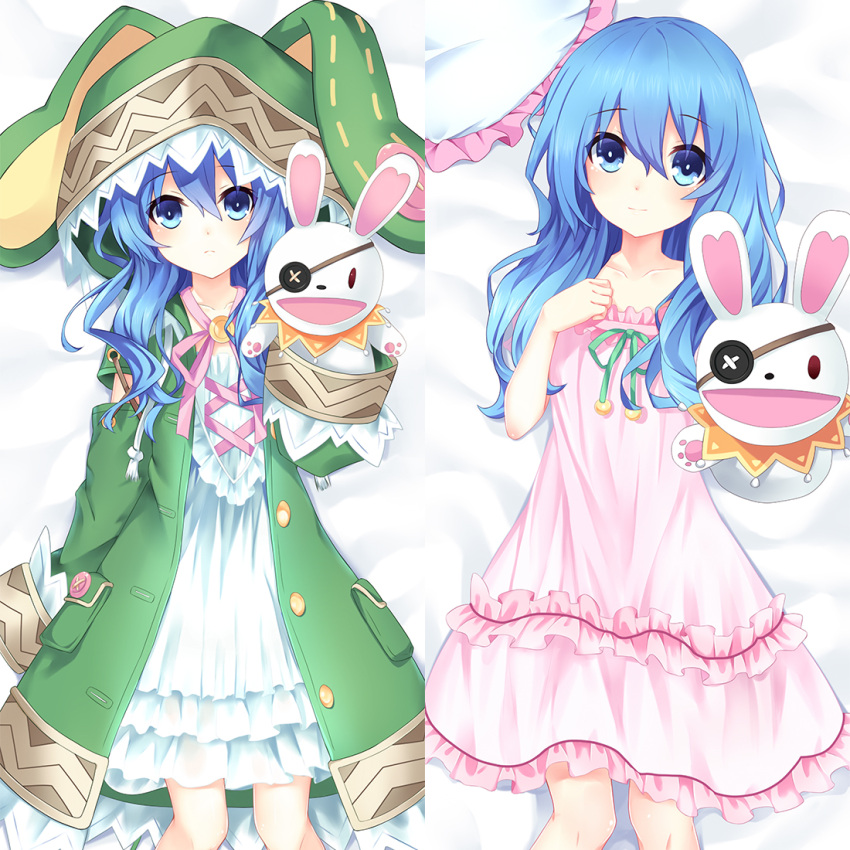 Safebooru - 1girl animal ears animal hood arm up bed sheet blue eyes breeze (wcf) bunny hood ...
