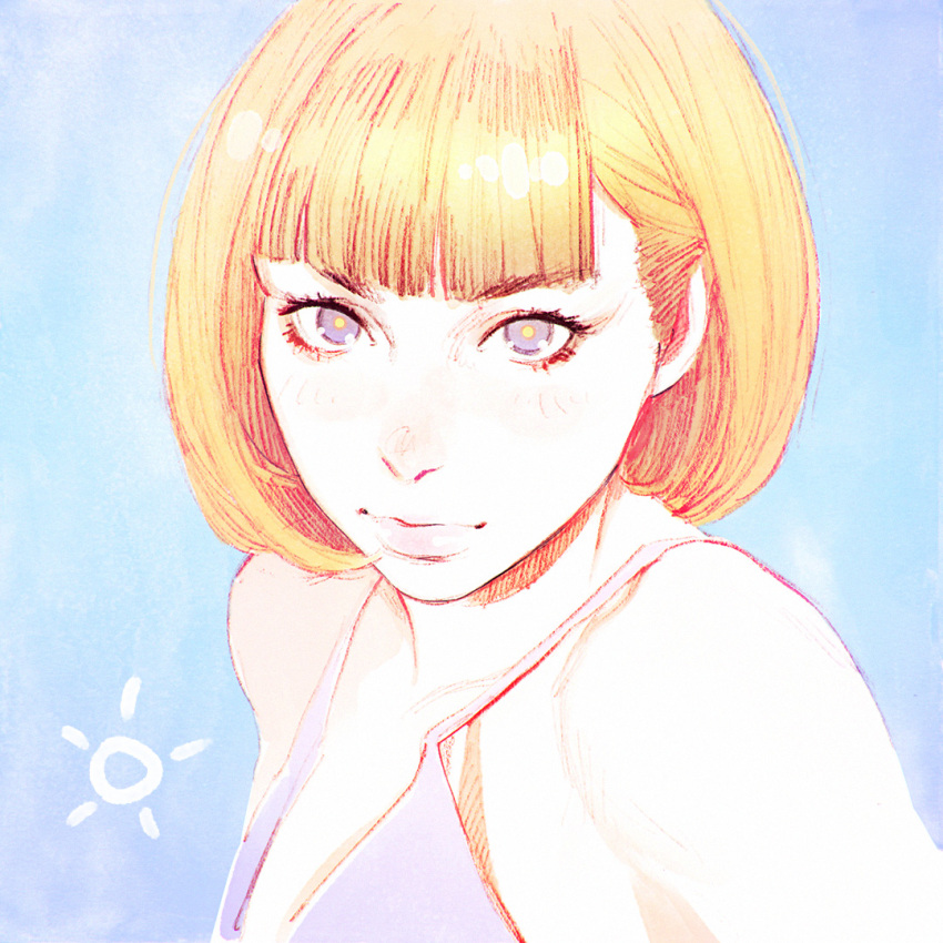 Safebooru - 1girl bangs blonde hair blue background blue eyes blunt bangs face ilya kuvshinov ...