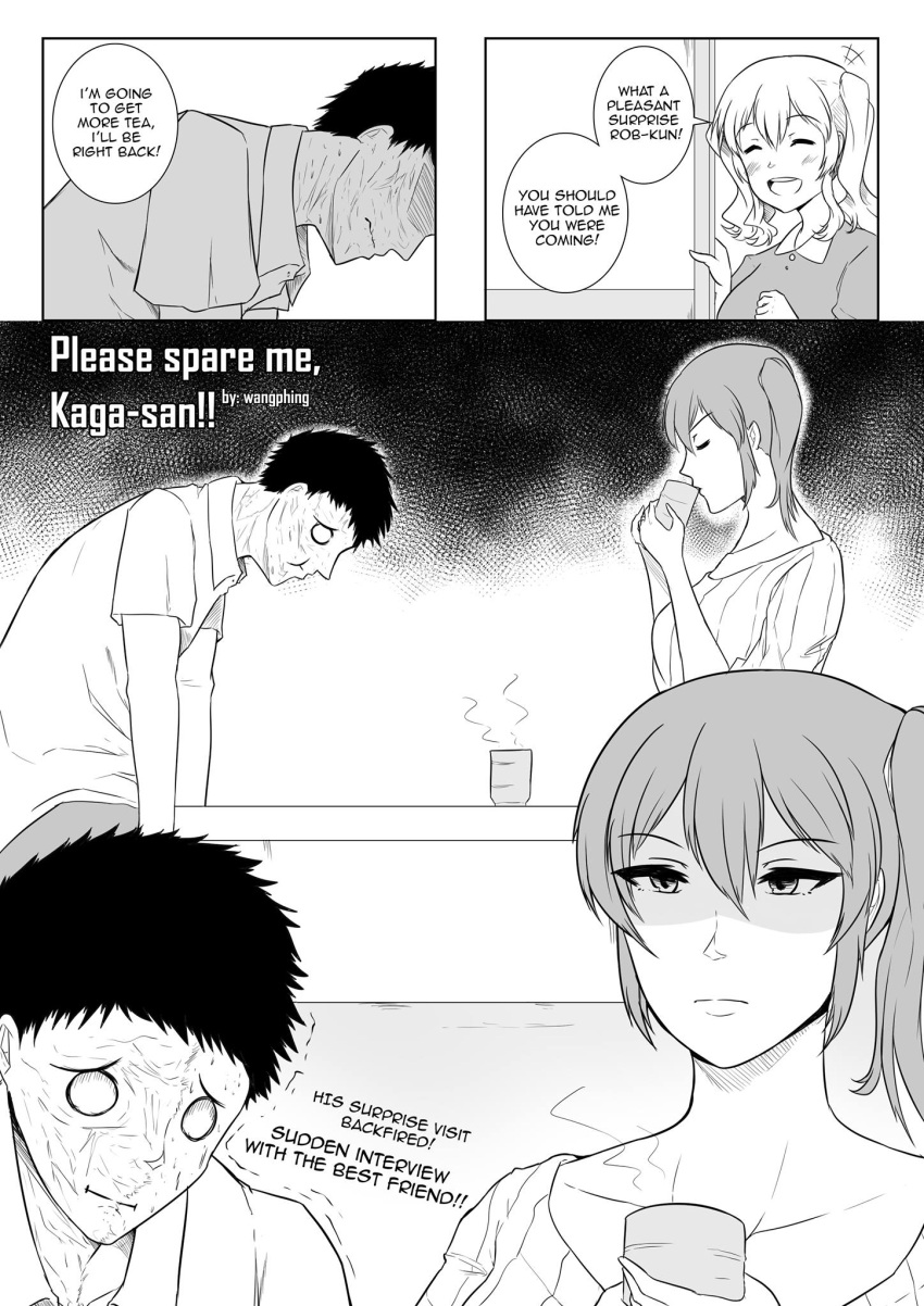 Safebooru - 1boy 2girls alternate costume burn scar casual comic cup ...