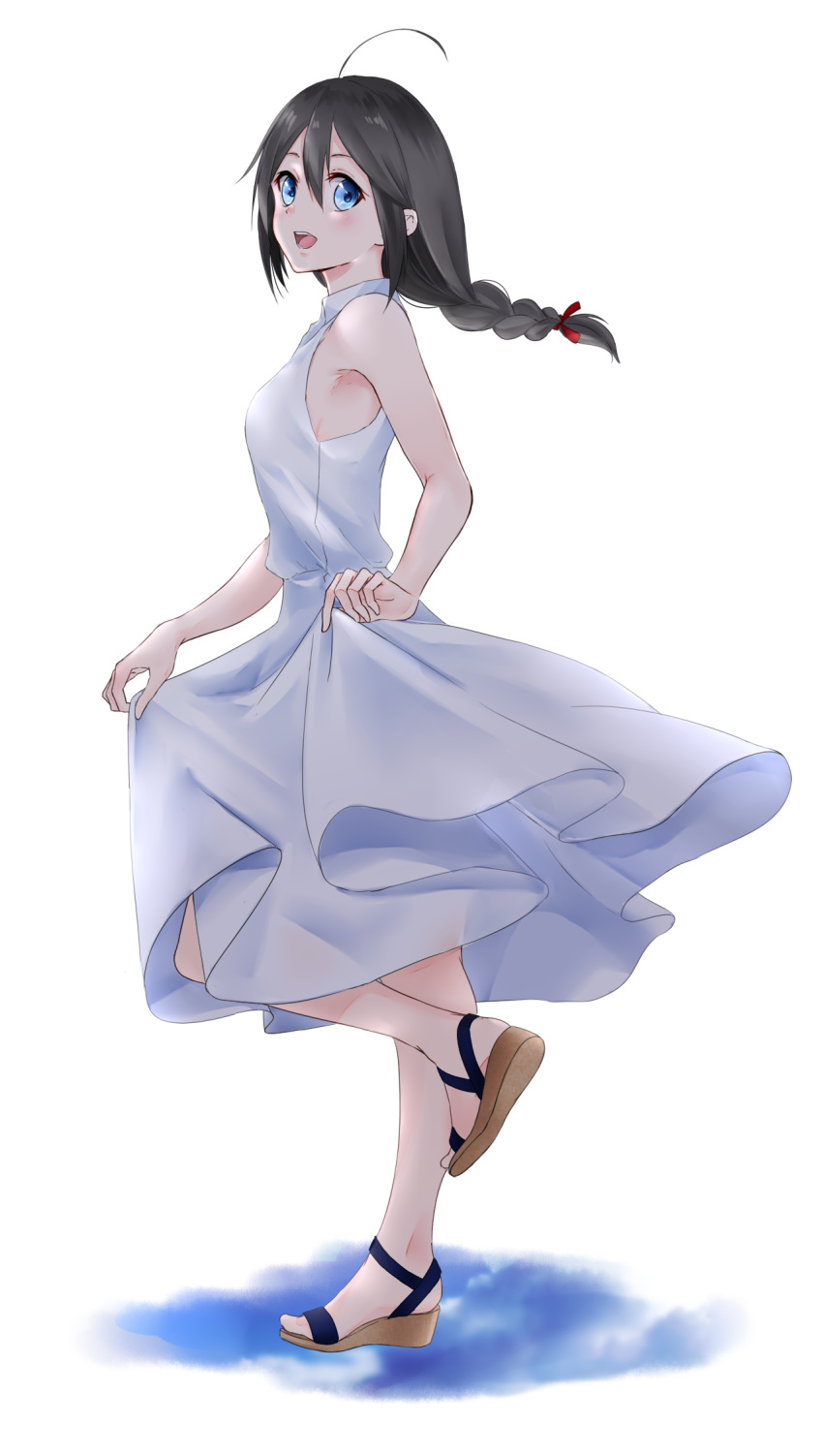 Safebooru - 1girl :d ahoge alternate costume aoyashio rin black hair blue eyes blush braid dress ...