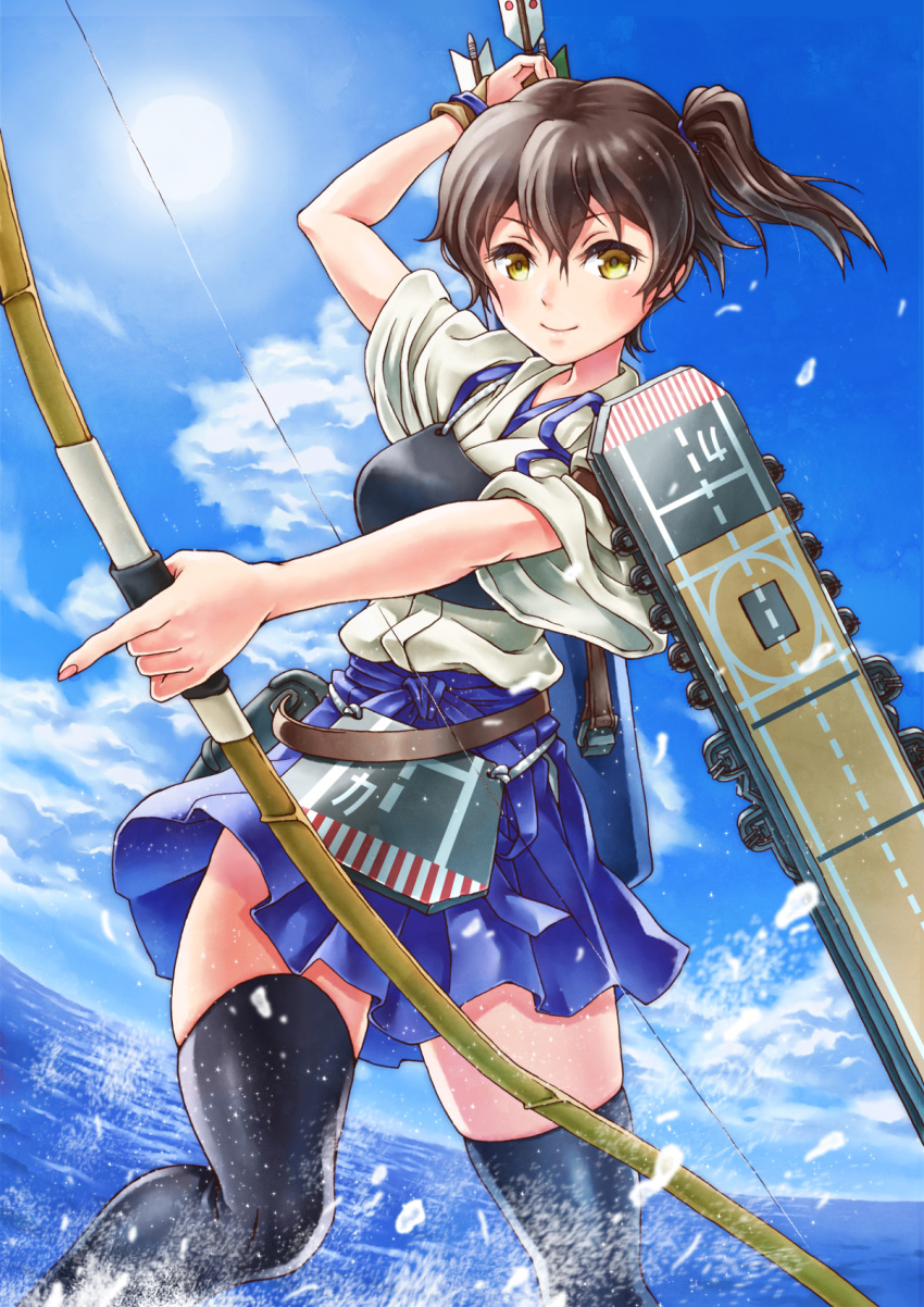 Safebooru - 1girl apron arrow black hair black legwear blue skirt blue ...