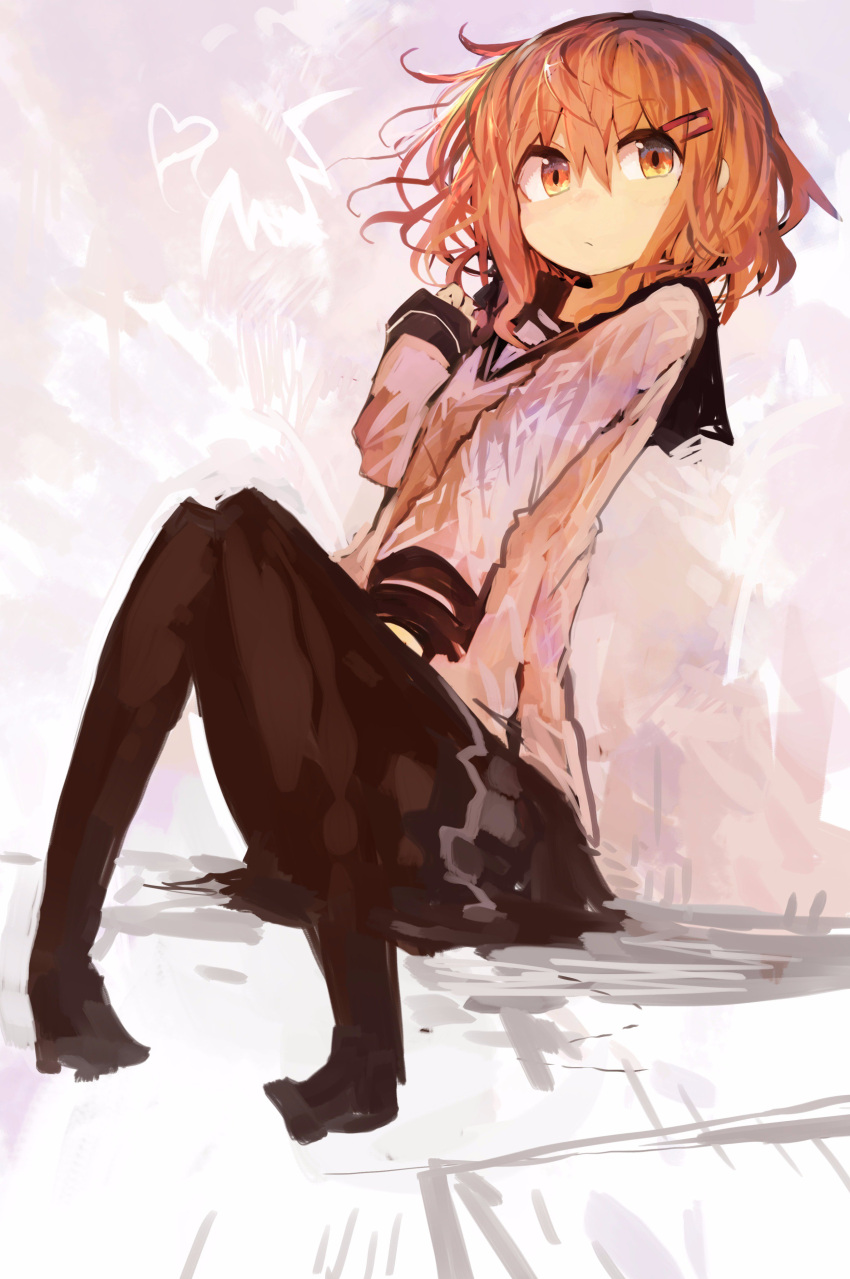 Safebooru - 1girl absurdres between legs black legwear brown hair full body grey eyes hair ...