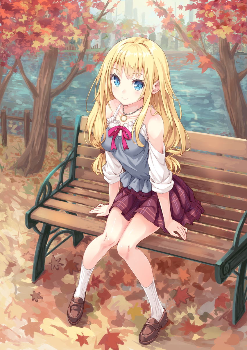 Safebooru - 1girl autumn leaves bangs bench blonde hair blue eyes blush highres hinoki yuu ...