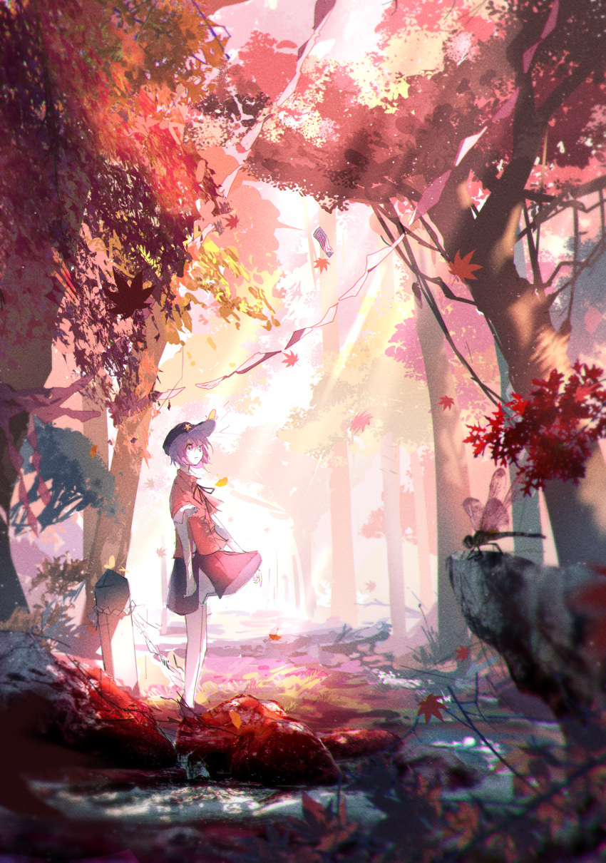 Safebooru - 1girl absurdres autumn leaves black hat black shoes black skirt branch bug dragonfly ...