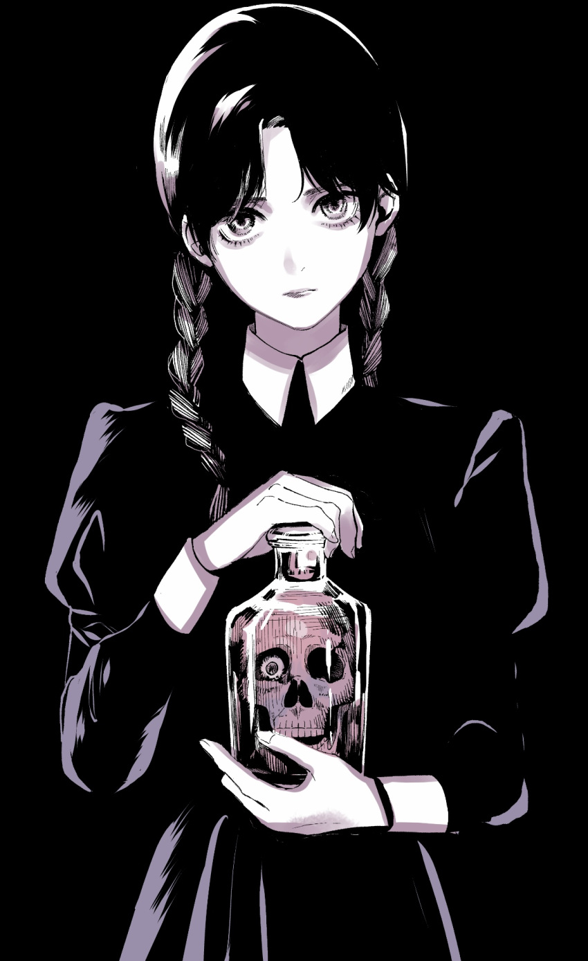 Safebooru - 1girl addams family braid closed mouth collared dress dress greyscale highres ...