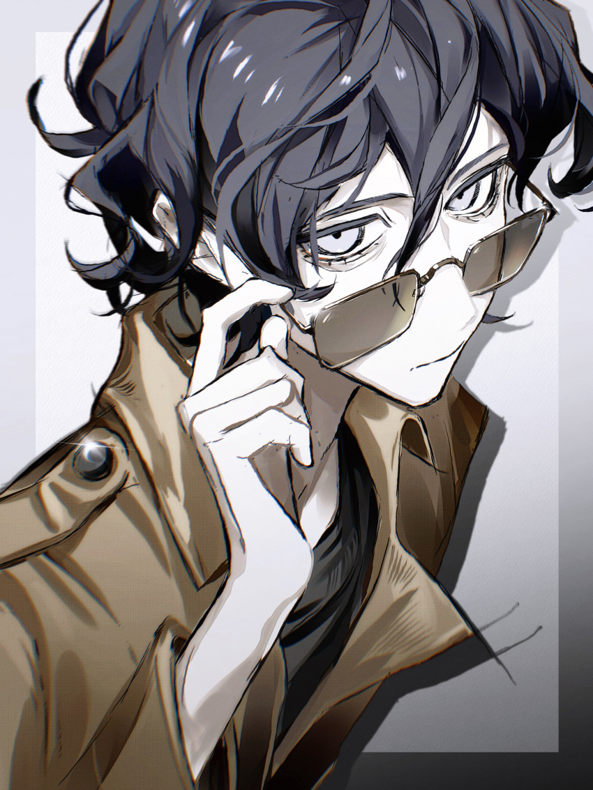 Safebooru - 1boy absurdres adjusting eyewear black hair black shirt ...