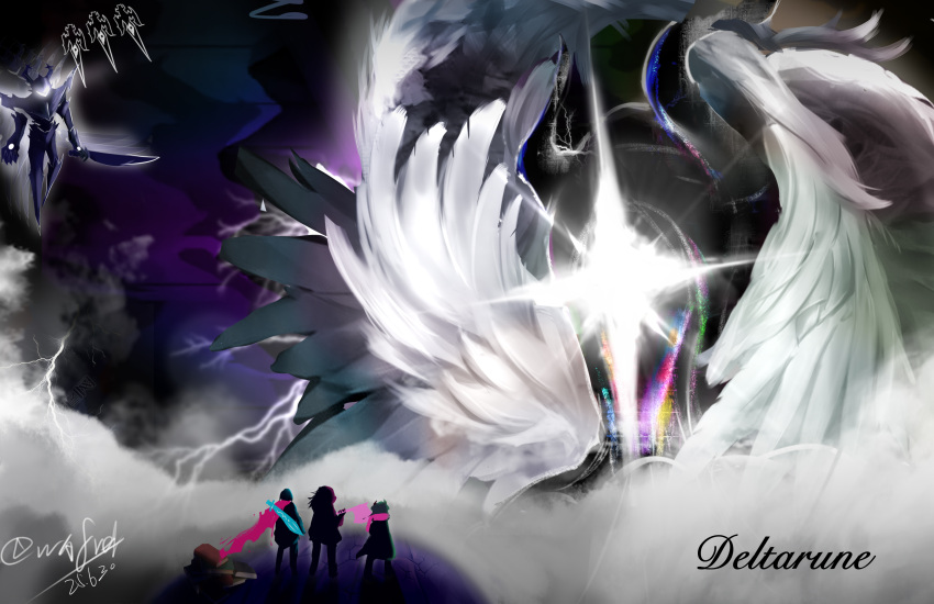 Safebooru - 1girl 2boys 3others afterimage angel wings antlers axe ...