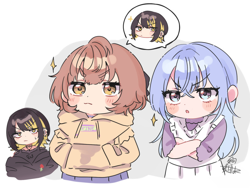 Safebooru - 3girls black hair black jacket black shirt blonde hair blue hair bob cut brown hair ...