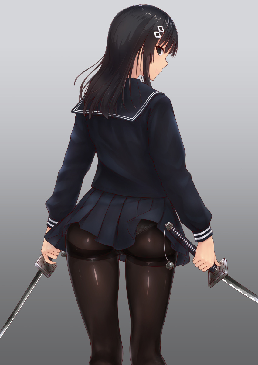 Safebooru - 1girl absurdres ass bangs black eyes black hair black legwear black serafuku closed ...