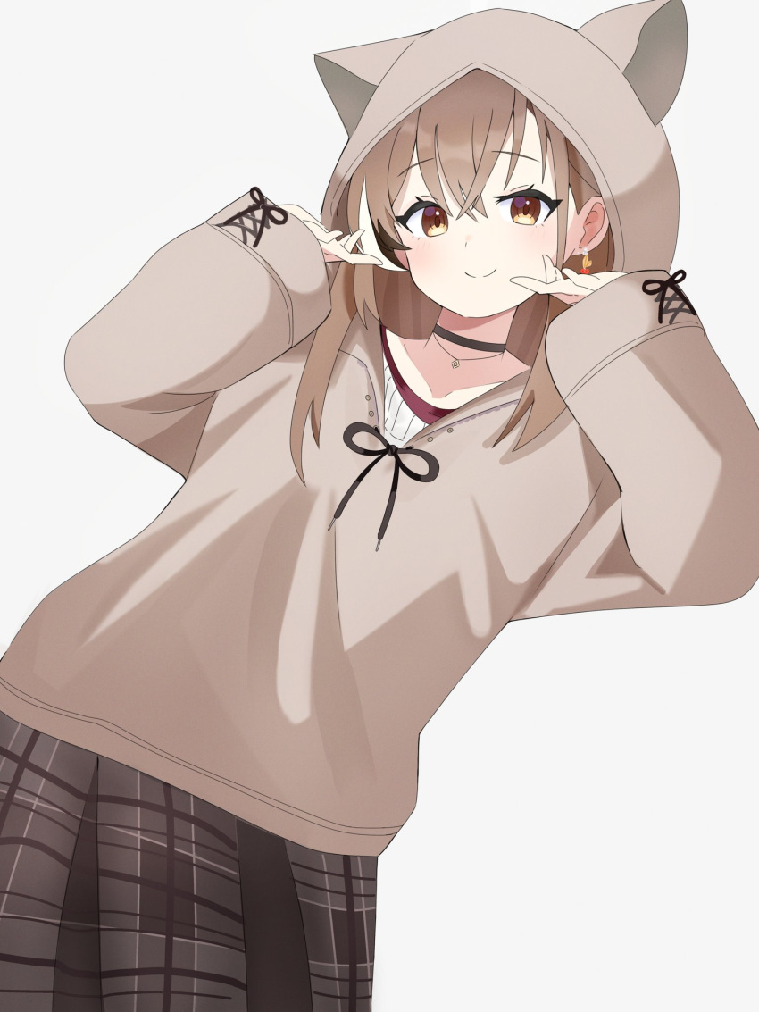 Safebooru - 1girl ad4m box animal hood arms up berry black choker brown eyes brown hair brown ...