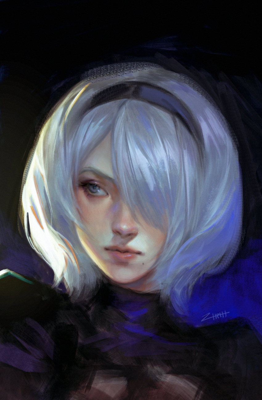 Safebooru - 1girl 2b (nier:automata) black background black hairband ...