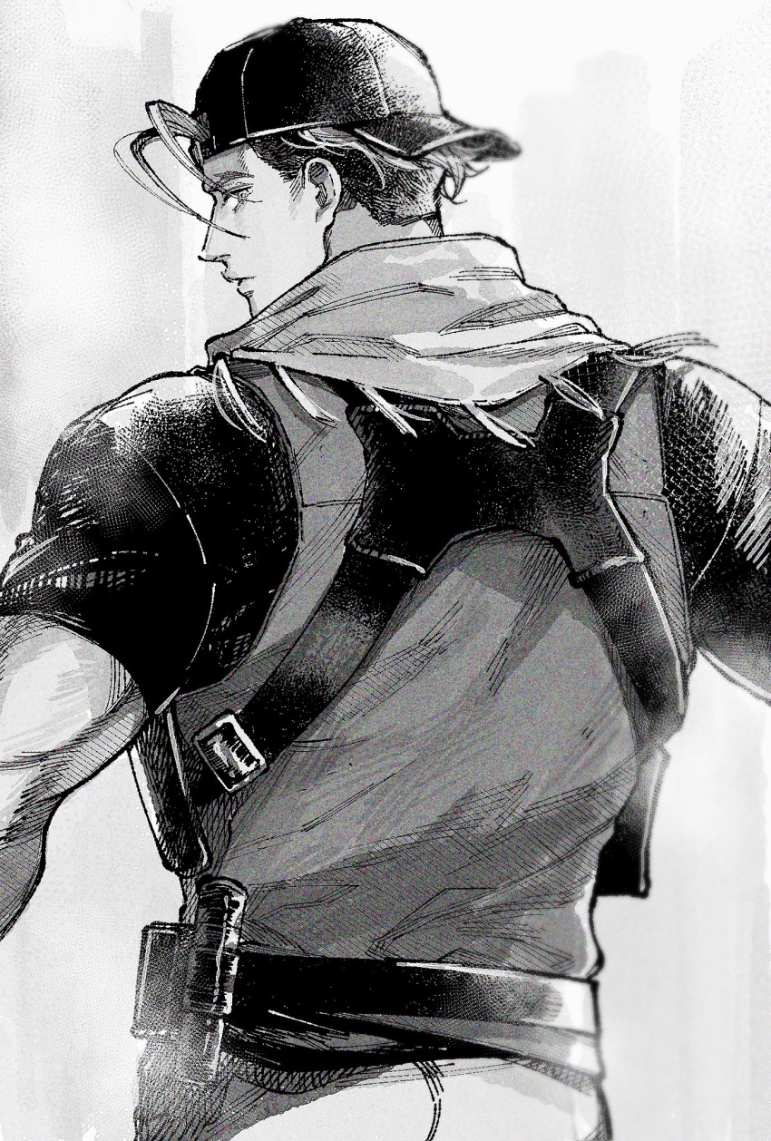 Safebooru - 1boy alternate costume arm out of frame baseball cap belt black hat black shirt ...