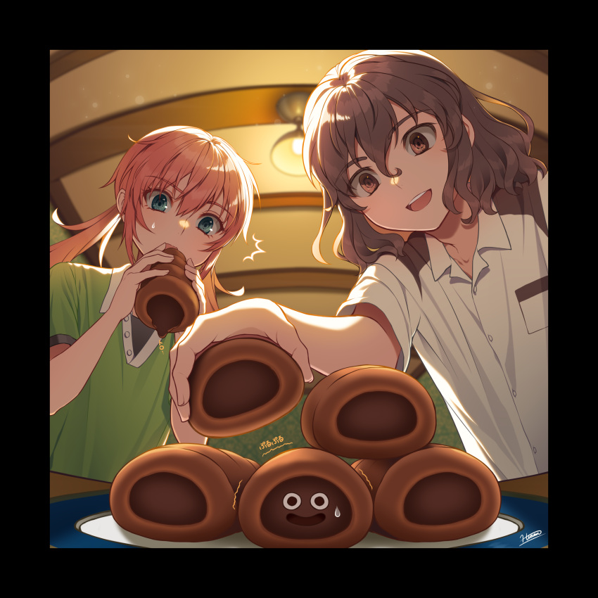 Safebooru - 2boys absurdres aqua eyes brown eyes brown hair eating food ...