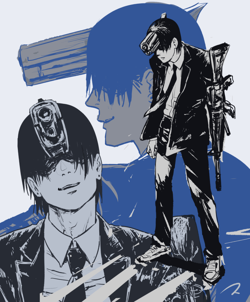 Safebooru - 1boy assault rifle black hair black necktie chainsaw man ...
