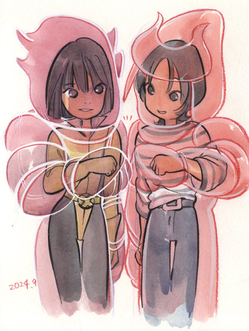 Safebooru - 2girls belt belt buckle black belt black eyes black hair buckle commentary request ...