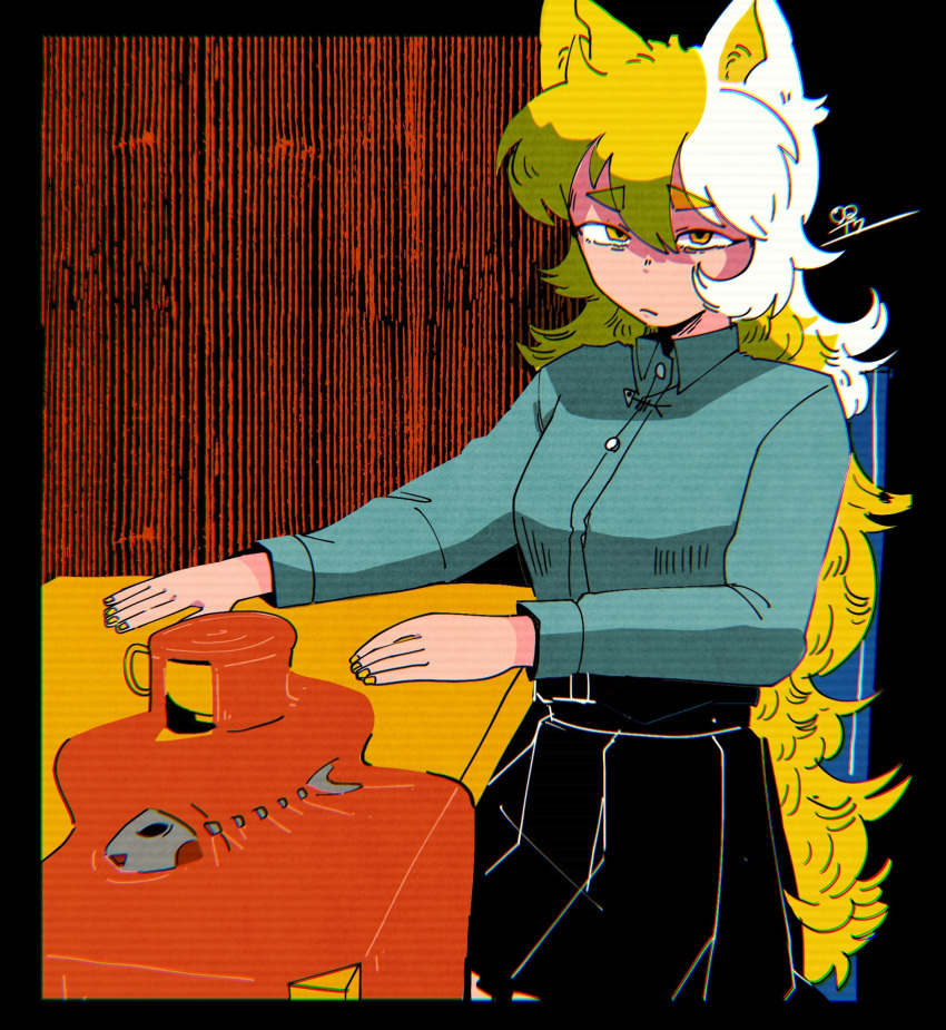 Safebooru - 1girl black border black skirt blonde hair border busujima ...
