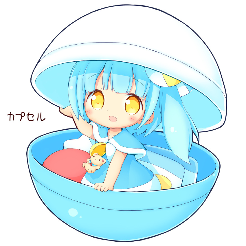 Safebooru - 1girl :d aikei ake blue capelet blue dress blue hair blush capelet capsule chibi ...