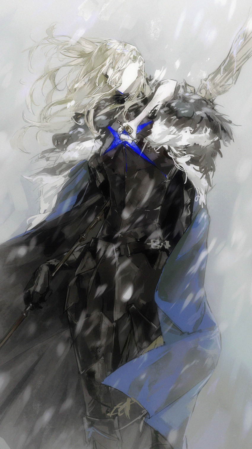 Safebooru - 1boy absurdres armor black armor black fur blonde hair blue cape cape covered face ...