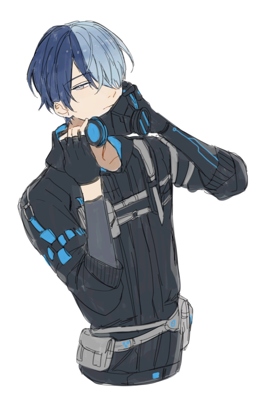 Safebooru - 1boy aoyagi touya asymmetrical gloves belt belt pouch black gloves black hoodie blue ...